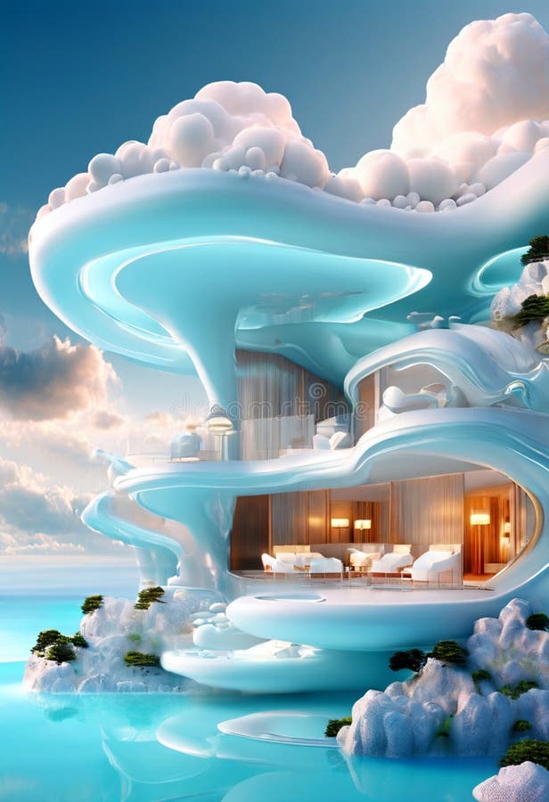 A Striking Blue Wave-shaped Building Stands by the Sea Stock ...