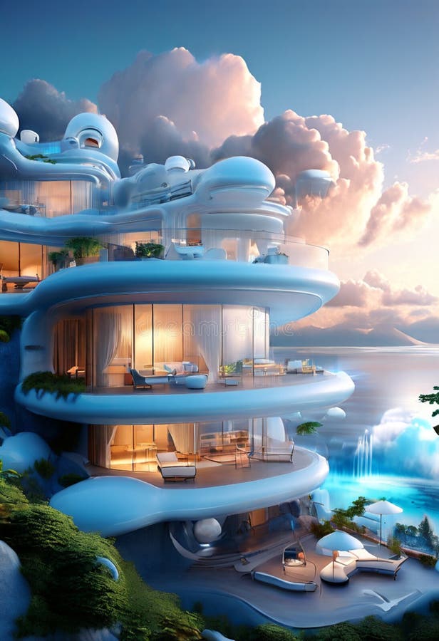 A Striking Blue Wave-shaped Building Stands by the Sea Stock ...