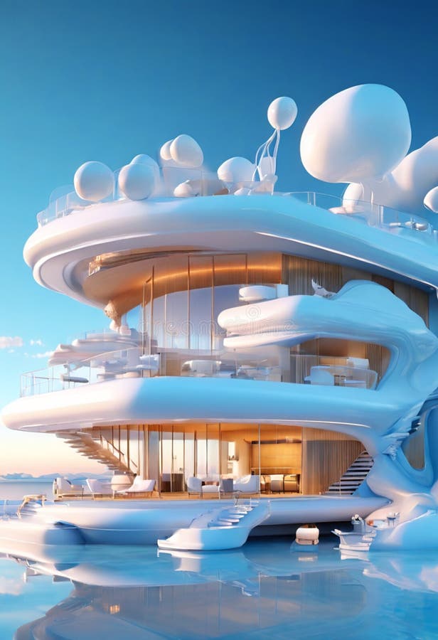 A Striking Blue Wave-shaped Building Stands by the Sea Stock ...