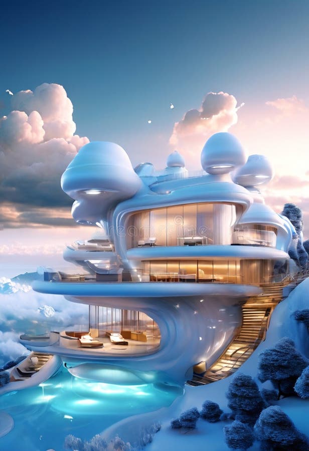 A Striking Blue Wave-shaped Building Stands by the Sea Stock ...