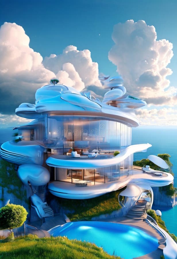 A Striking Blue Wave-shaped Building Stands by the Sea Stock ...