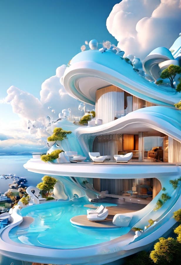 A Striking Blue Wave-shaped Building Stands by the Sea Stock ...