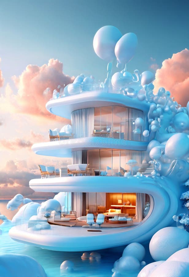 A Striking Blue Wave-shaped Building Stands by the Sea Stock ...