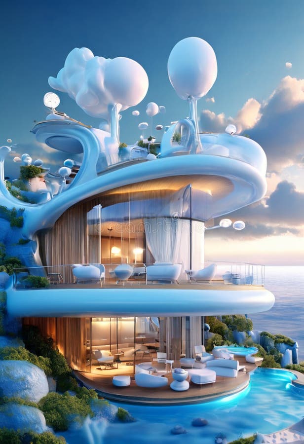 A Striking Blue Wave-shaped Building Stands by the Sea Stock ...