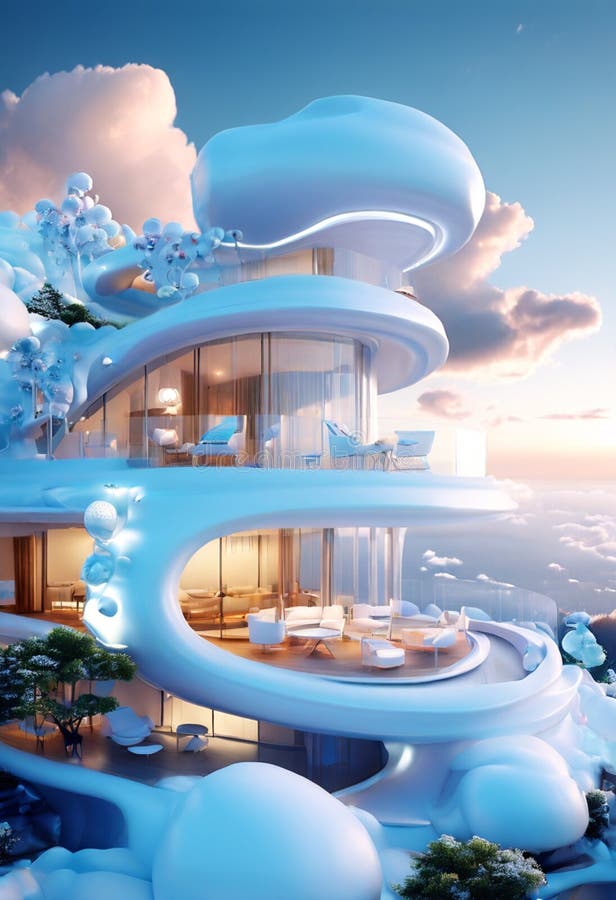 A Striking Blue Wave-shaped Building Stands by the Sea Stock ...