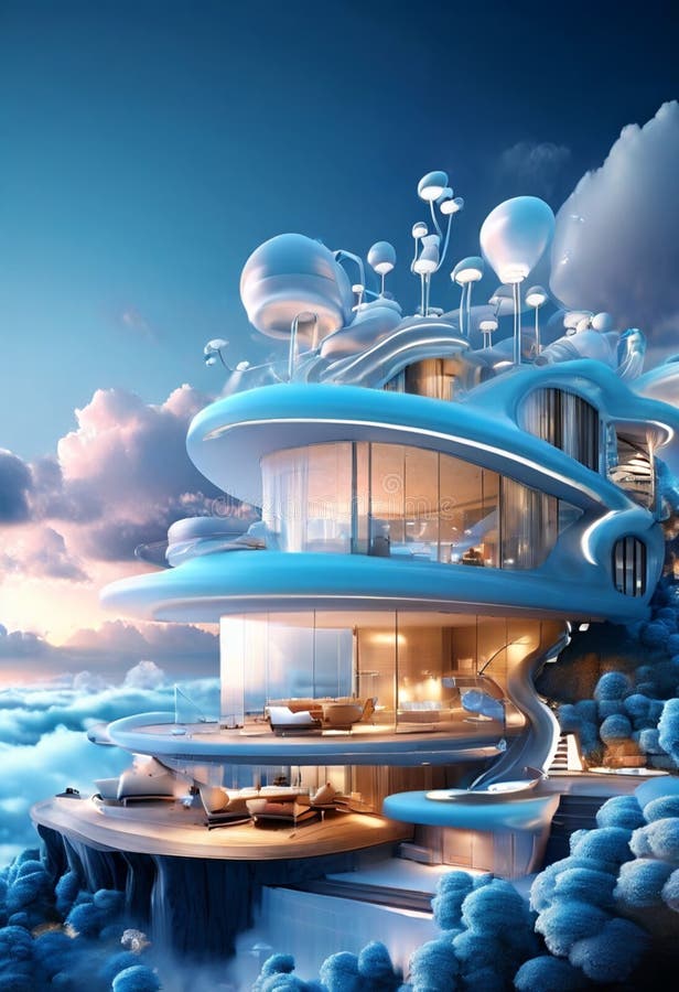 A Striking Blue Wave-shaped Building Stands by the Sea Stock ...