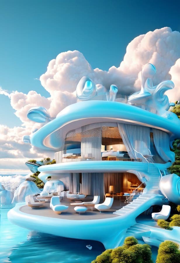 A Striking Blue Wave-shaped Building Stands by the Sea Stock ...