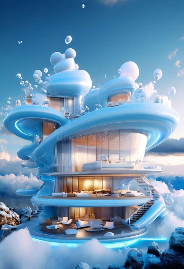 A Striking Blue Wave-shaped Building Stands by the Sea Stock ...