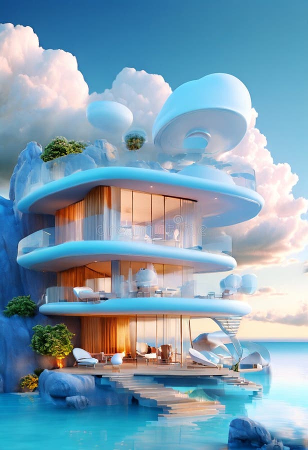 A Striking Blue Wave-shaped Building Stands by the Sea Stock ...