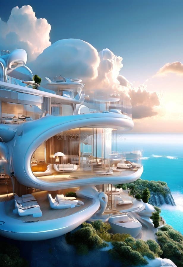 A Striking Blue Wave-shaped Building Stands by the Sea Stock ...