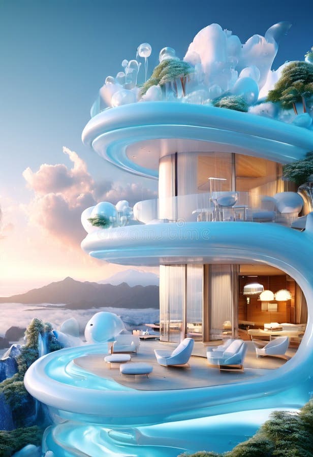 A Striking Blue Wave-shaped Building Stands by the Sea Stock ...