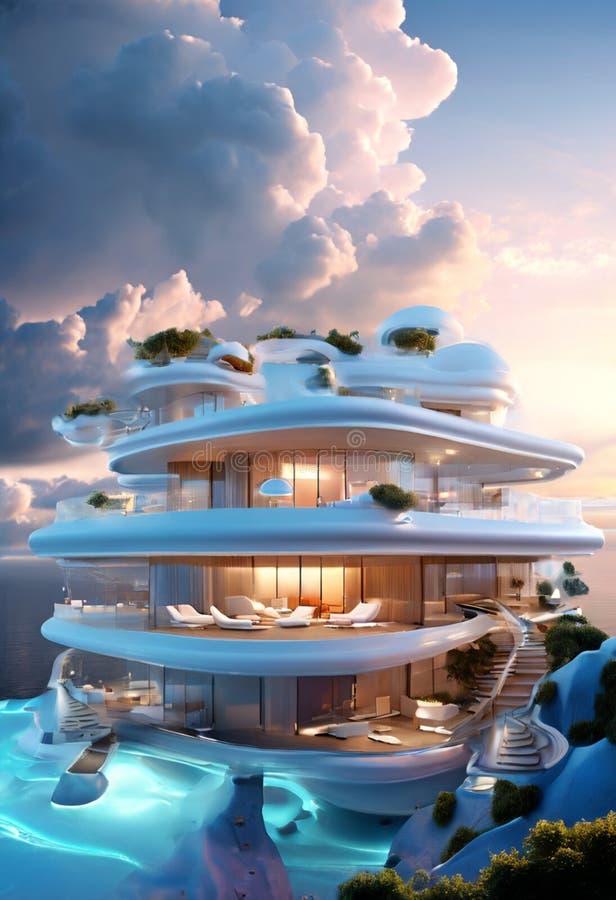 A Striking Blue Wave-shaped Building Stands by the Sea Stock ...