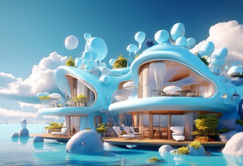 A Striking Blue Wave-shaped Building Stands by the Sea Stock ...