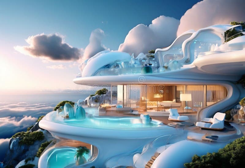 A Striking Blue Wave-shaped Building Stands by the Sea Stock ...