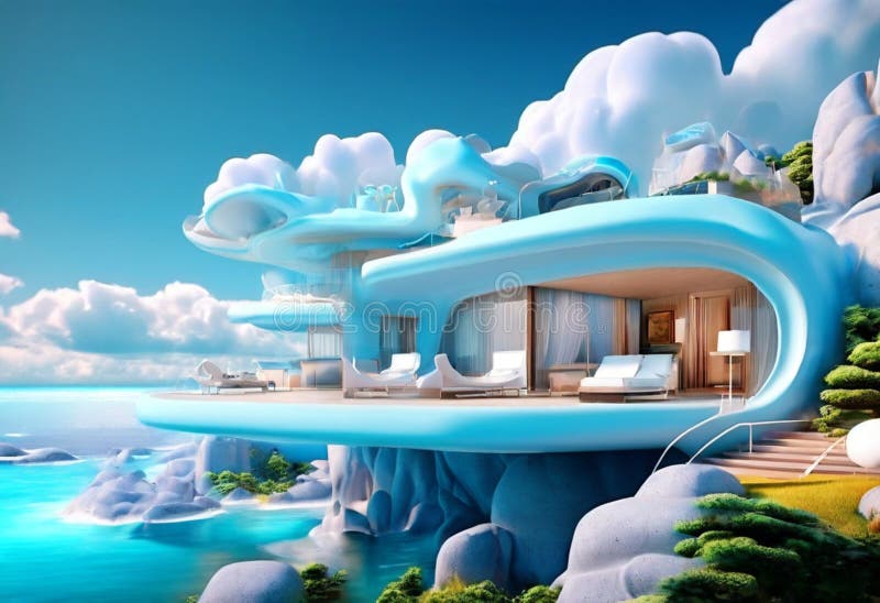 A Striking Blue Wave-shaped Building Stands by the Sea Stock ...