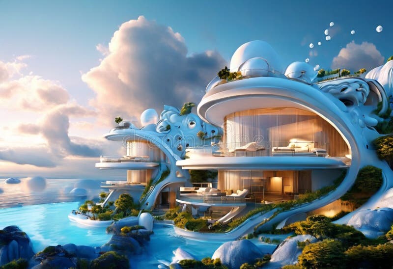 A Striking Blue Wave-shaped Building Stands by the Sea Stock ...