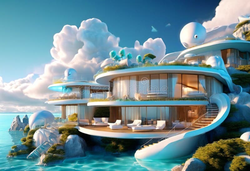 A Striking Blue Wave-shaped Building Stands by the Sea Stock ...