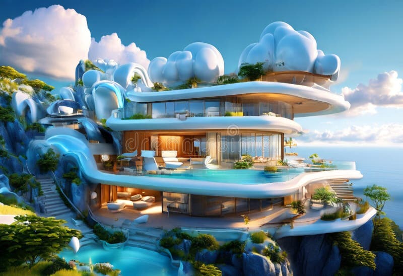 A Striking Blue Wave-shaped Building Stands by the Sea Stock ...