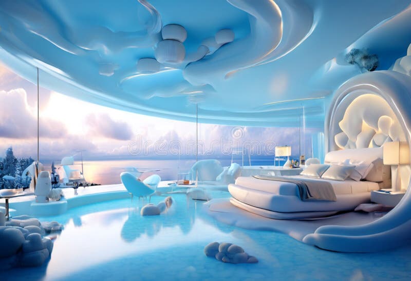 A Striking Blue Wave-shaped Building Stands by the Sea Stock ...