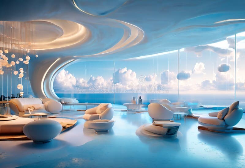 A Striking Blue Wave-shaped Building Stands by the Sea Stock ...