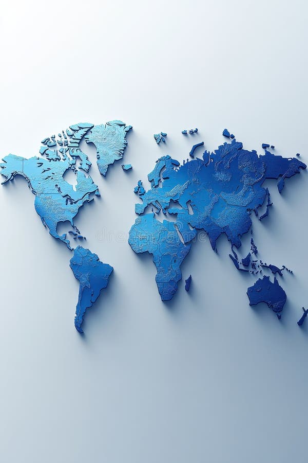 Blue World Map with 3D Silhouettes of Continents on Light Background ...