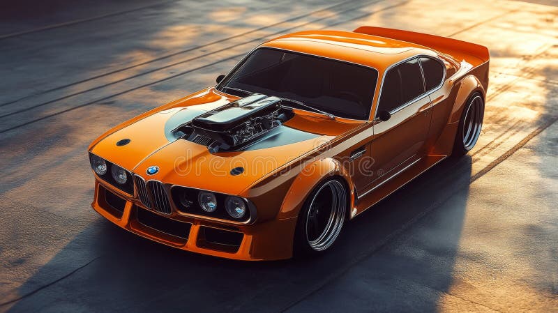 Bright Orange Classic Custom Car with Exposed Engine in Sunlight Stock ...