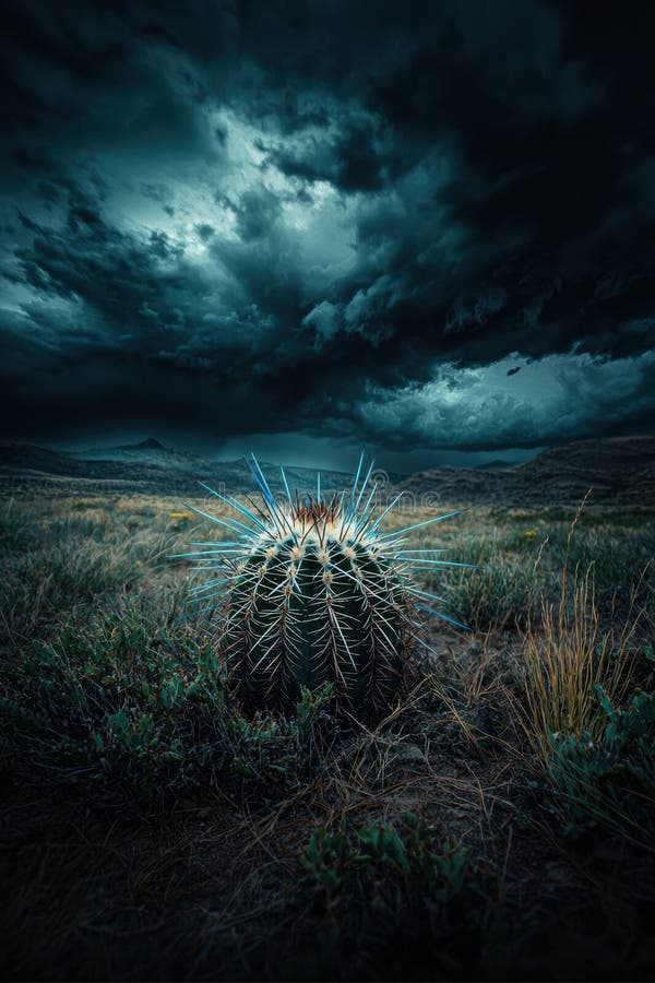 A Striking Cactus Plant Under Dramatic Weather Phenomena and Static ...
