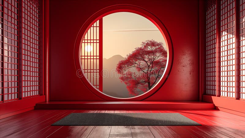 Minimalist Chinese, Japanese Red Room with Elegant Decor Elements ...