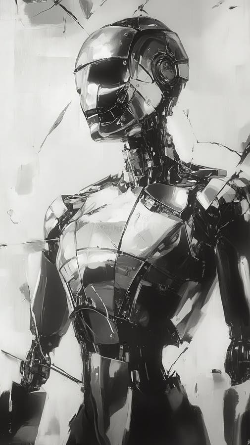 Chrome Humanoid Robot in a Fragmented Black-and-white Design Stock ...