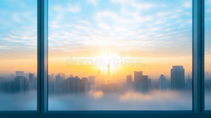 Striking Cityscape through a Window, View of Urban Architecture and ...