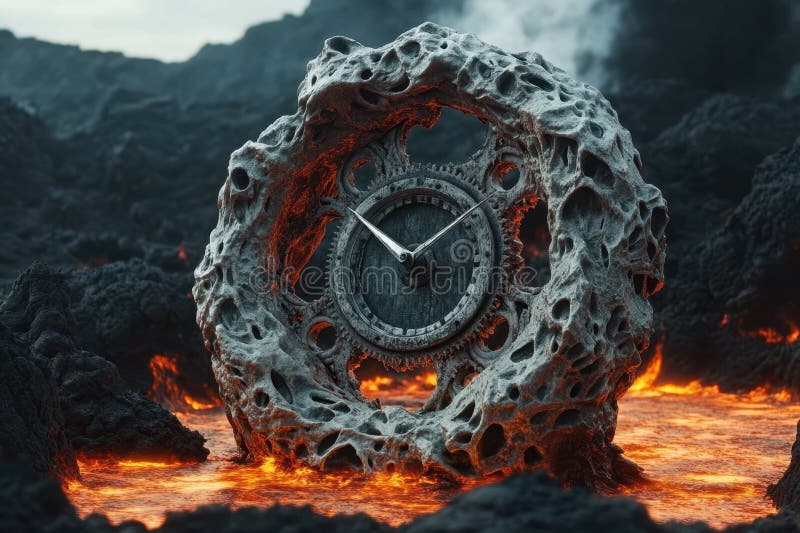 Unique Clock Design Surrounded by Lava in a Volcanic Landscape at ...