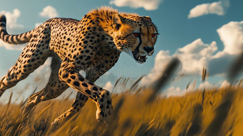 A Striking Close-up of a Cheetah in Mid-sprint Across a Grassy Plain. Pic Stock Photo - Image of ...