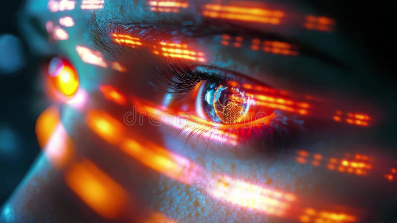 Close Up of an Eye with Digital Data Reflections and Bright Orange ...