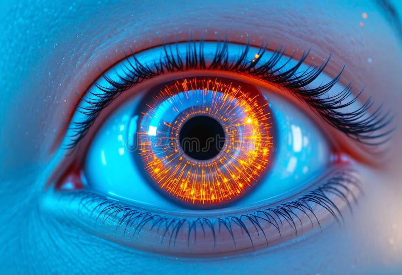 Close-up of a Human Eye with Vibrant Blue and Orange Digital Effects ...
