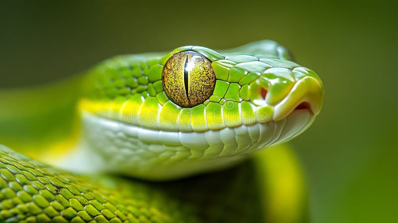 Close-Up of a Vibrant Green Snake with Striking Patterns and Features ...