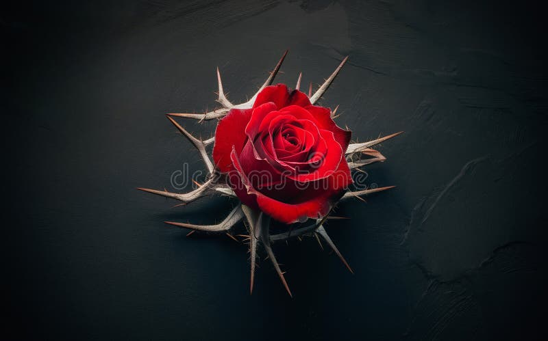 Generative-AI, Single Red Rose with Sharp Thorns on a Dark, Textured ...
