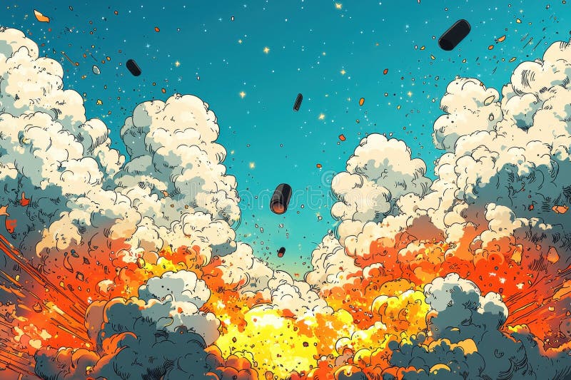 Dynamic Comic Book Explosion Scene with Vibrant Colors and Smoke Clouds ...