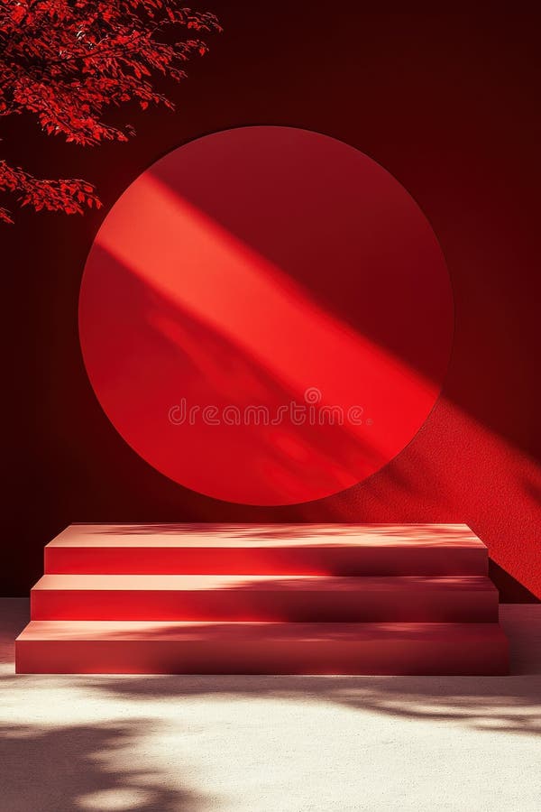 Vibrant Red Abstract Scene with Circular Shadow and Tiered Platform ...