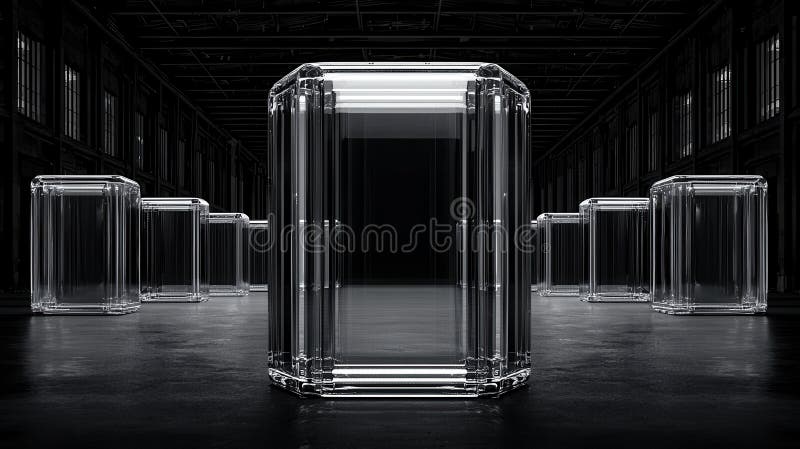 Clear Acrylic Boxes in Modern Dark Industrial Space with Dramatic ...