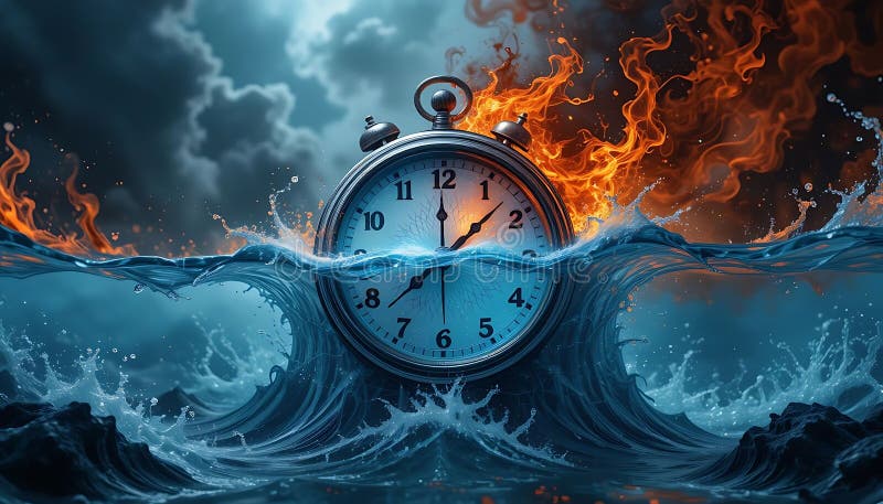 Surreal Vintage Clock Encircled by Fiery Red Flames and Icy Blue Water ...