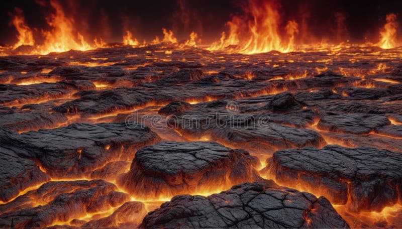 A Computer Image of a Lava Field with Flames Erupting from it Stock ...