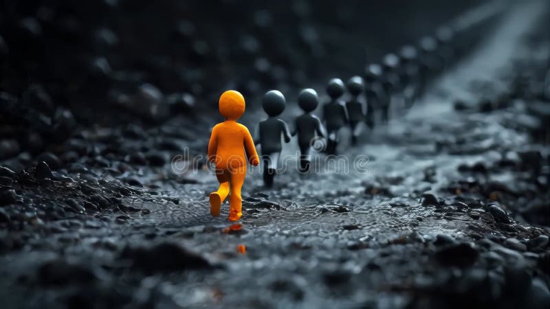 Vibrant Orange Figure Leading in a Line of Grayscale Figures Stock ...
