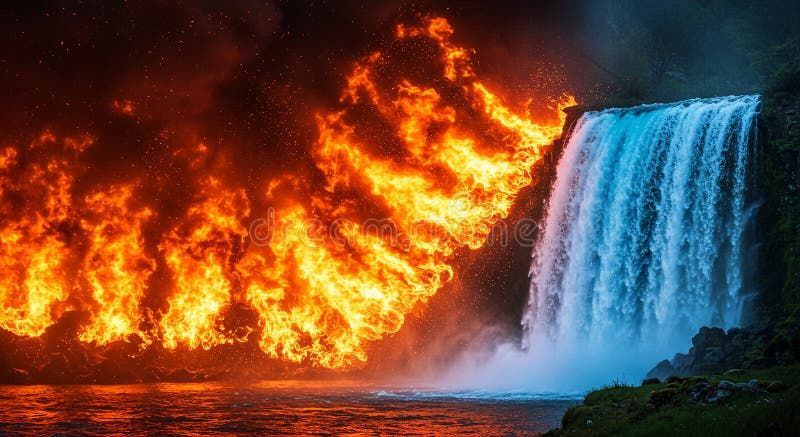 A Striking Contrast of Elements, Featuring a Large, Vibrant Waterfall ...