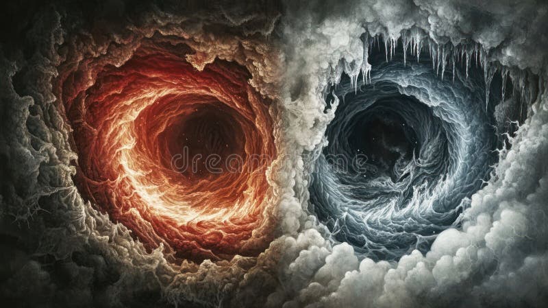 A Striking Contrast of Fiery and Icy Swirling Vortexes, Symbolizing ...