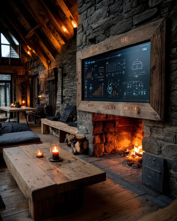 Futuristic Smart Dashboard Interface in Cozy Cabin with Fireplace Stock ...