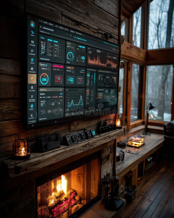Futuristic Smart Dashboard Interface in Cozy Cabin with Fireplace Stock ...