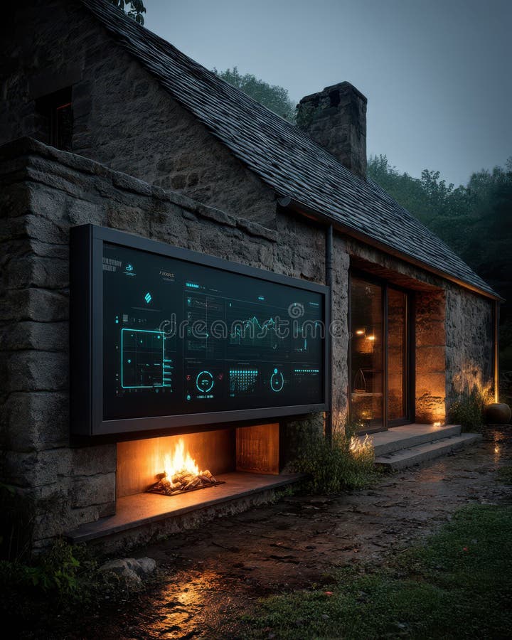 Futuristic Smart Dashboard Interface in Cozy Cabin with Fireplace Stock ...
