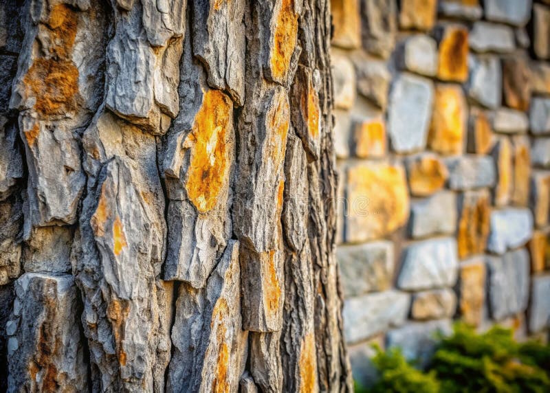 A Striking Contrast Textured Tree Bark Meets Rugged Stone Wall in a ...