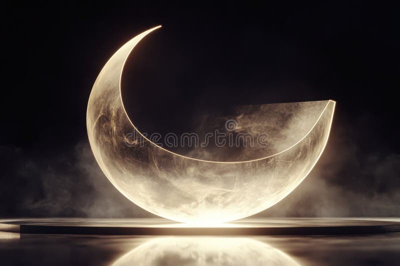 Unique Illuminated Crescent Shape Surrounded by Mist at Night Stock ...
