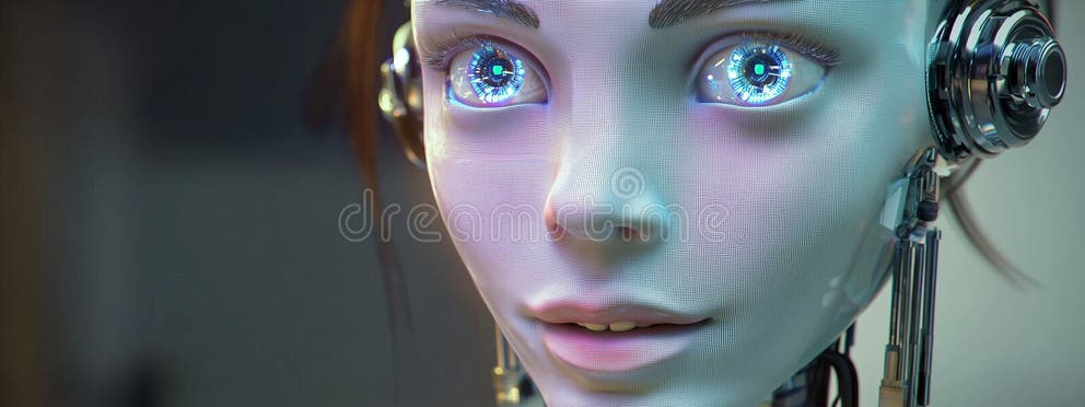 A Striking Cyborg with Intense Blue Eyes Gazes Forward. Stock ...